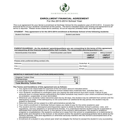 Enrollment agreement 2013-2014-blank | DOC