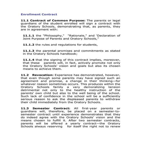 Enrollment Contract Contract Of Common Purpose The Parents Or Legal | PDF