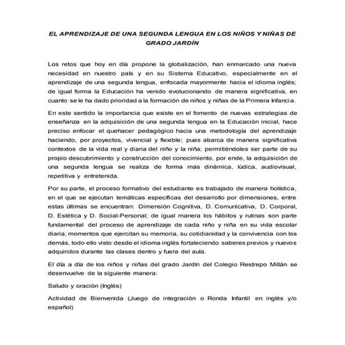 APRENDIZAJE DE UNA SEGUNDA LENGUA EN NIÑOS Y NIÑAS DE GRADO JARDÍN | DOCX