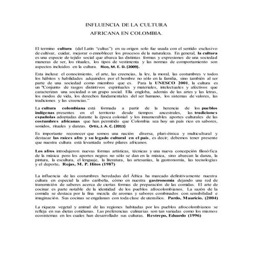 influencia de la cultura africana en colombia | DOCX