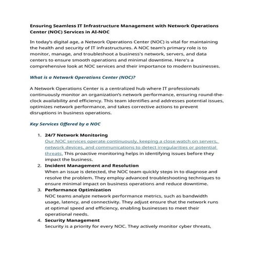 Ensuring Seamless IT Infrastructure Management with Network Operations Center (NOC) Services in ...