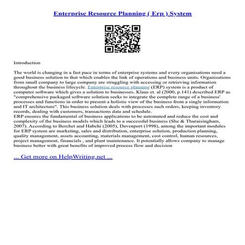 Enterprise Resource Planning ( Erp ) System | PDF