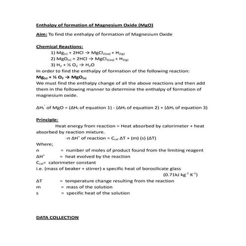 Enthalpy of formation of magnesium oxide | DOCX