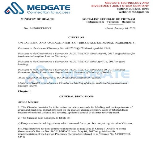Circular 01/2018/TT-BYT: ON LABELING AND PACKAGE INSERTS OF DRUGS AND ...