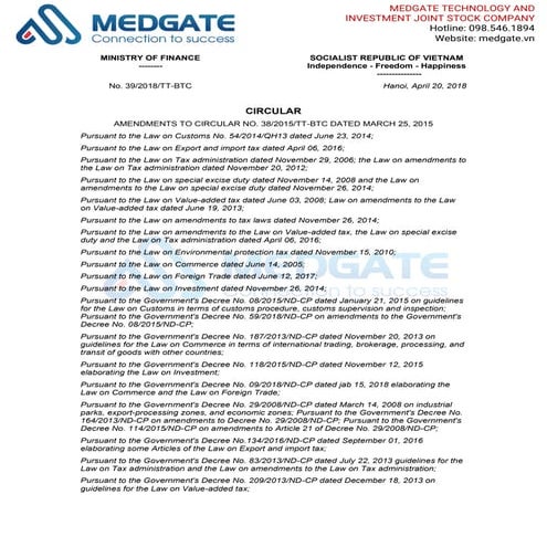 Circular 39/2018/TT-BTC: AMENDMENTS TO CIRCULAR NO. 38/2015/TT-BTC ...