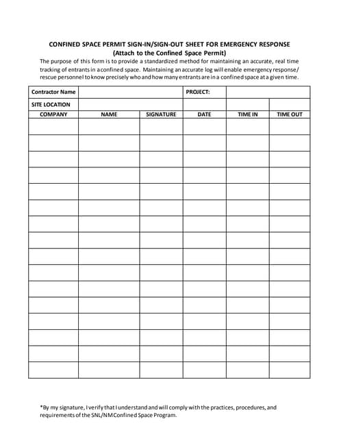 Confined space permit sign Entry Log | PDF
