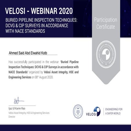 Certificate of Completion "Buried Pipeline Inspection Techniques DCVG & CIP Surveys in ...