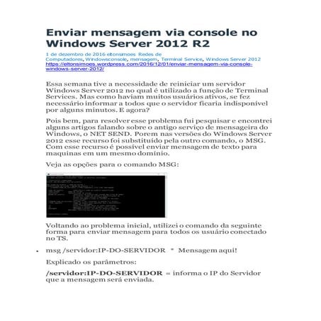 Enviar mensagem via console no windows server 2012 | PDF