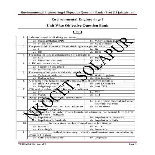 Environmental engineering i objective questions (repaired) | PDF