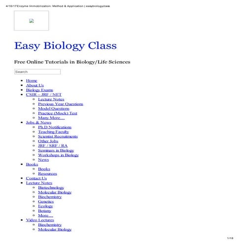 Enzyme immobilization method & application easybiologyclass | PDF