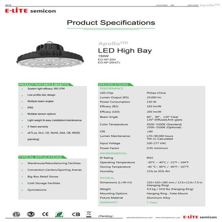 Apollo 150W LED High Bay in Elite Semiconductor | PDF
