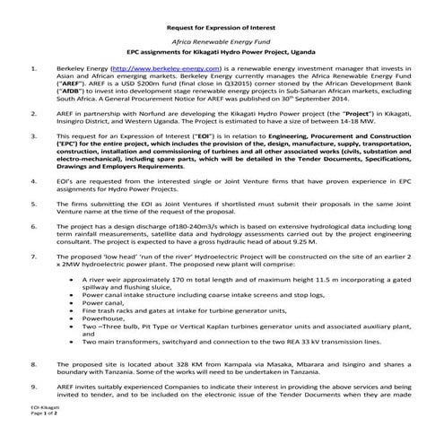 Eoi – uganda epc assignments for kikagati hydro power project uganda – 12 2015 | PDF