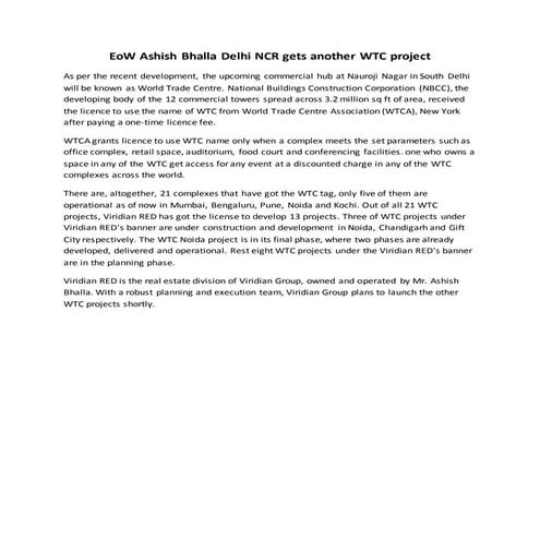 Eow ashish bhalla delhi ncr gets another wtc project | DOCX | Construction Industry | Industries