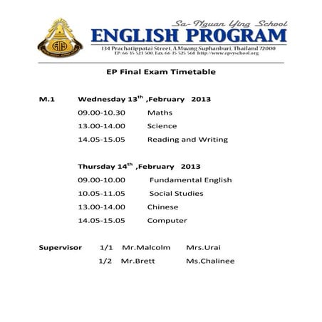Ep final exam timetable | PDF