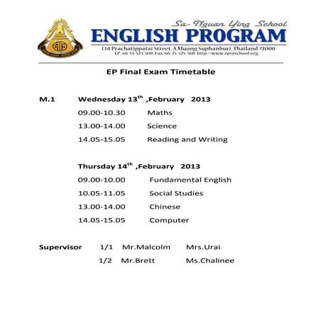 Ep final exam timetable 2013 | PDF
