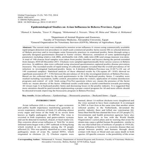 Epidemiological studies on avian influenza in behera province, egypt ...