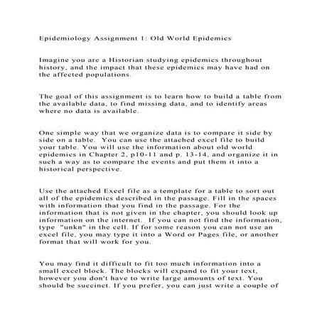 Epidemiology Assignment 1 Old World EpidemicsImagine you are | PDF