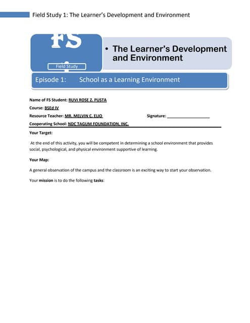 Field Study 1, Episode 2 "The Learners' Characteristics and Needs" | DOCX