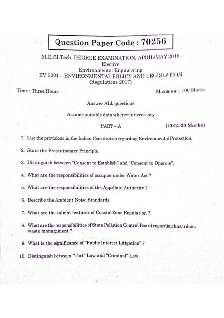 EV5301- Environment Impact Assessment-previous year question paper | PDF