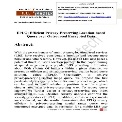 Eplq efficient privacy preserving location-based query over outsourced encrypted data | PDF