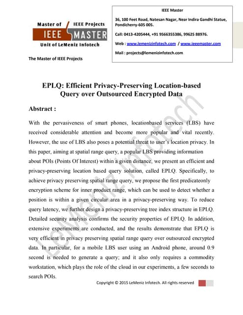 Eplq Efficient Privacy Preserving Location Based Query Over Outsourced