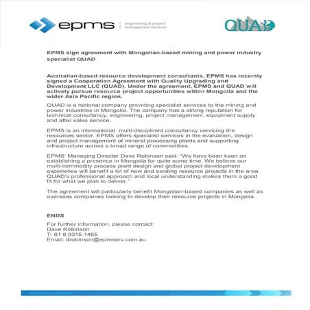 EPMS & QUAD EXECUTE COOPERATION AGREEMENT | PDF