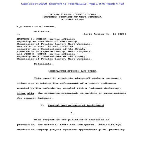 Federal Judge's Decision in EQT v. Fayette County, WV | PDF