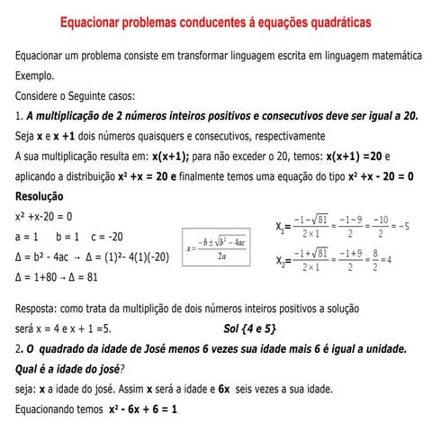 Equacionar Problemas Conducentes á Equações Quadráticas Ppt