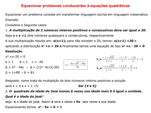 Equacionar Problemas Conducentes á Equações Quadráticas Ppt