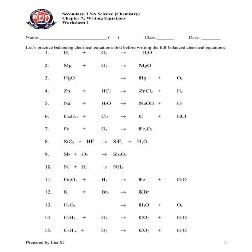 Equations Writing Ws 1 | DOC