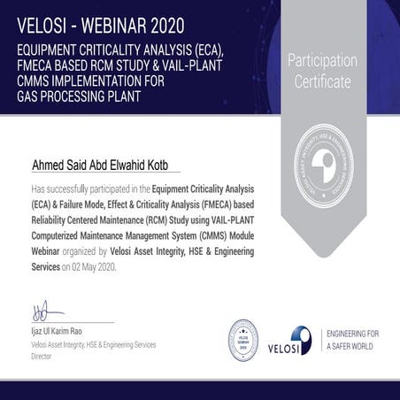 Certificate of Completion "Equipment Criticality Analysis (ECA ...