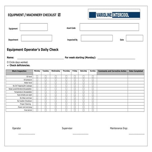 Weekly welding machine checklist