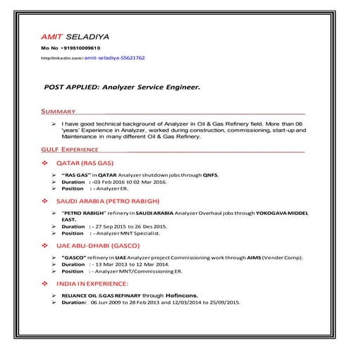 Analyzer Maintenance Engineer. | DOCX