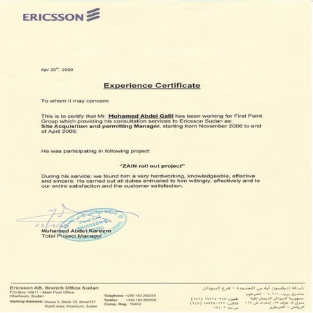 Ericsson Certificate Sudan | PDF