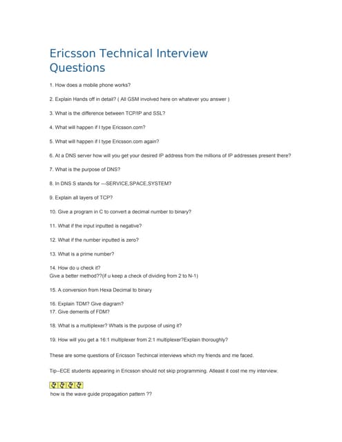Ericsson technical interview questions | DOC | Computer Networking | Computing