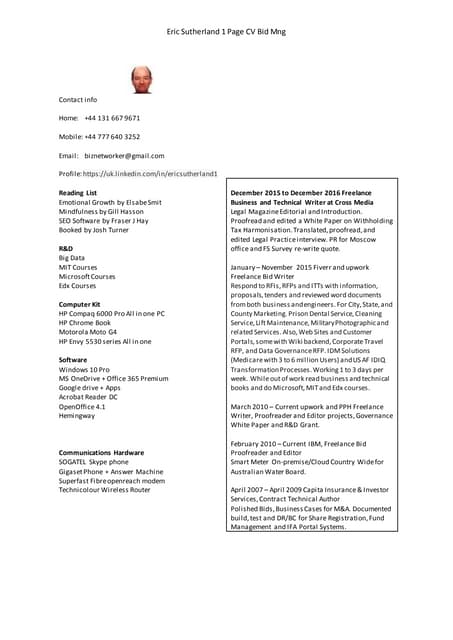 Eric sutherland 1 page cv tech writer | PDF