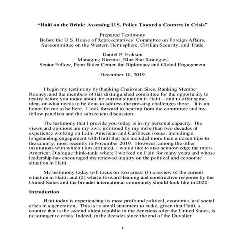 Testimony of Daniel Erikson Assessing U.S. Policy Toward Haiti Dec, 10 ...