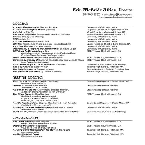 Erin Mc Bride Africa - Theatre Resume | PDF