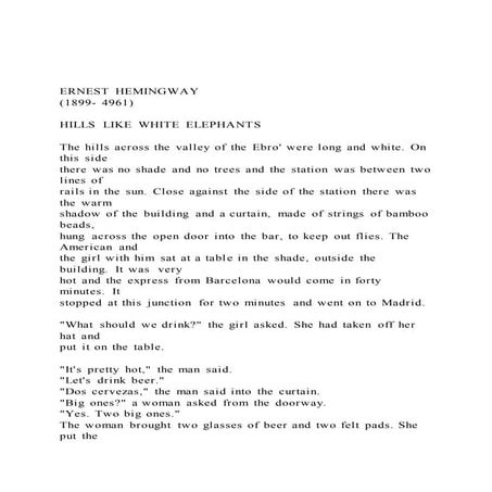 ERNEST HEMINGWAY (1899- 4961) HILLS LIKE WHITE ELEPHANTS | DOCX | Rail ...