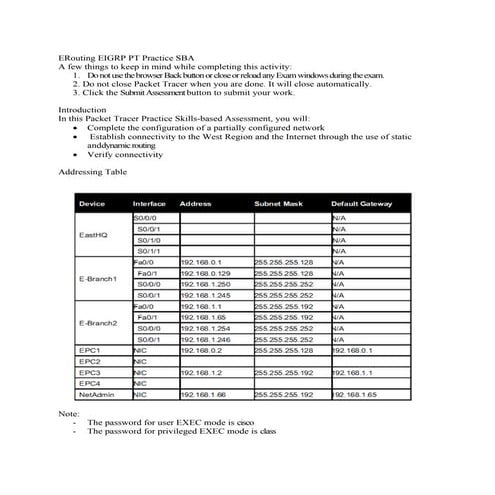 E routing eigrp pt practice sba | PDF