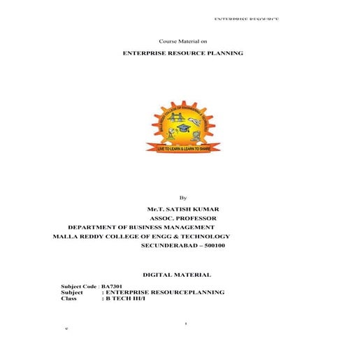 Enterprise Resource Planning Digital Notes | PDF