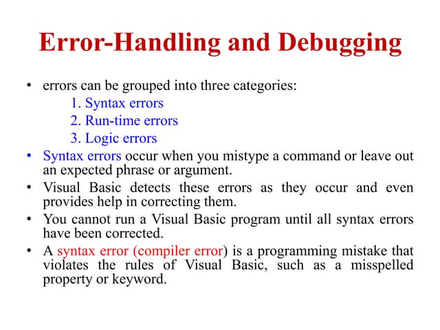 Error Handling And Debugging In Vb Ppt