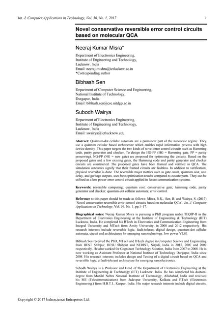 Novel conservative reversible error control circuits based on molecular ... Novel conservative reversible error control circuits based on molecular ...