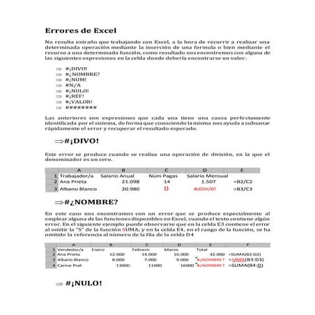 Errores de excel | DOCX