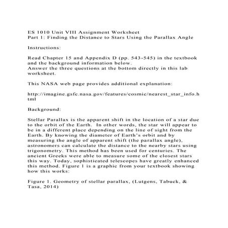 ES 1010 Unit VIII Assignment WorksheetPart 1 Finding the Distan.docx | Business Administration ...