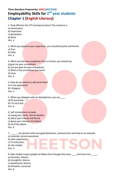 ITI Employability Skills English Literacy New MCQ | PDF