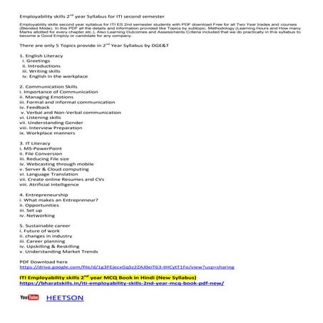 ITI Employability skills 2nd year syllabus | PDF