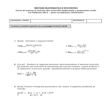 Esami metodi matematici e statistici 2010 2011 | PDF
