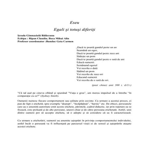 Eseu şcoala gimnazială bălăceana | PDF