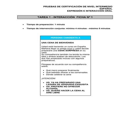 Expresión oral. Certificación Nivel Intermedio B1 Español EOI Galicia | PDF